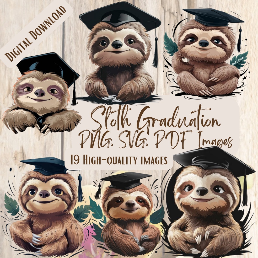 Sloth Graduation Clipart, 19 PNG SVG Bundle, Cute Sloth Graduate ...