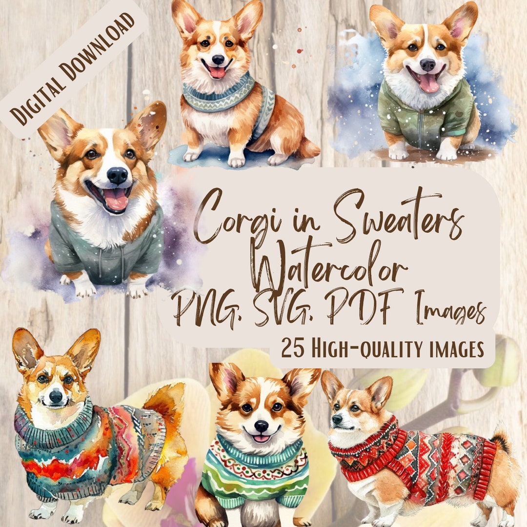 Corgi in Sweaters Watercolor PNG SVG Bundle, 25 Cozy Dog Graphics for ...