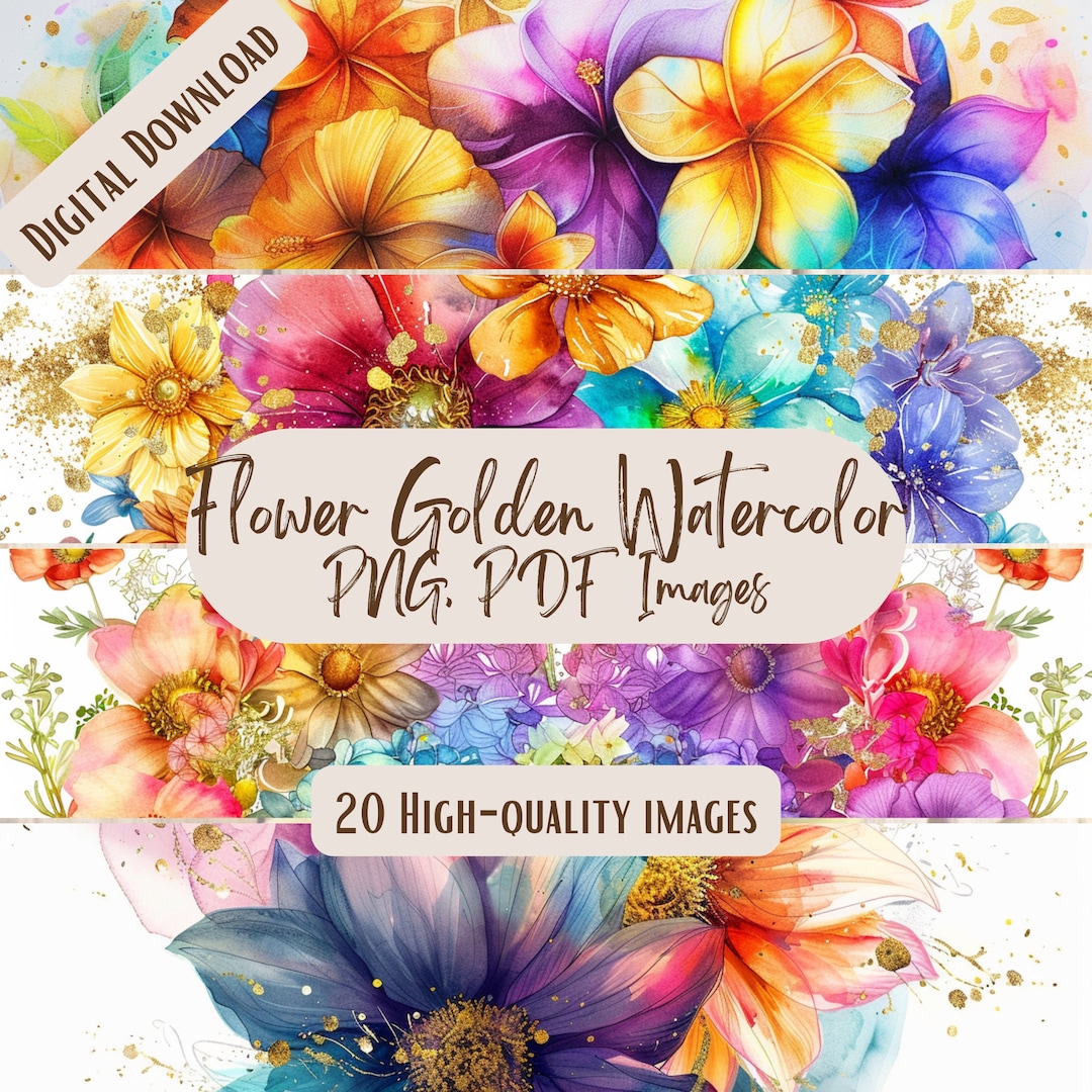 Flower Golden Watercolor Paper PNG PDF Bundle 20 Images Digital ...