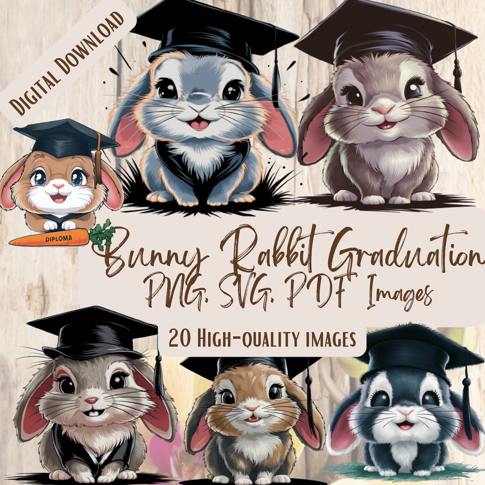 Bunny Graduation PNG SVG Bundle, 20 Adorable Graduate Bunny Clipart ...