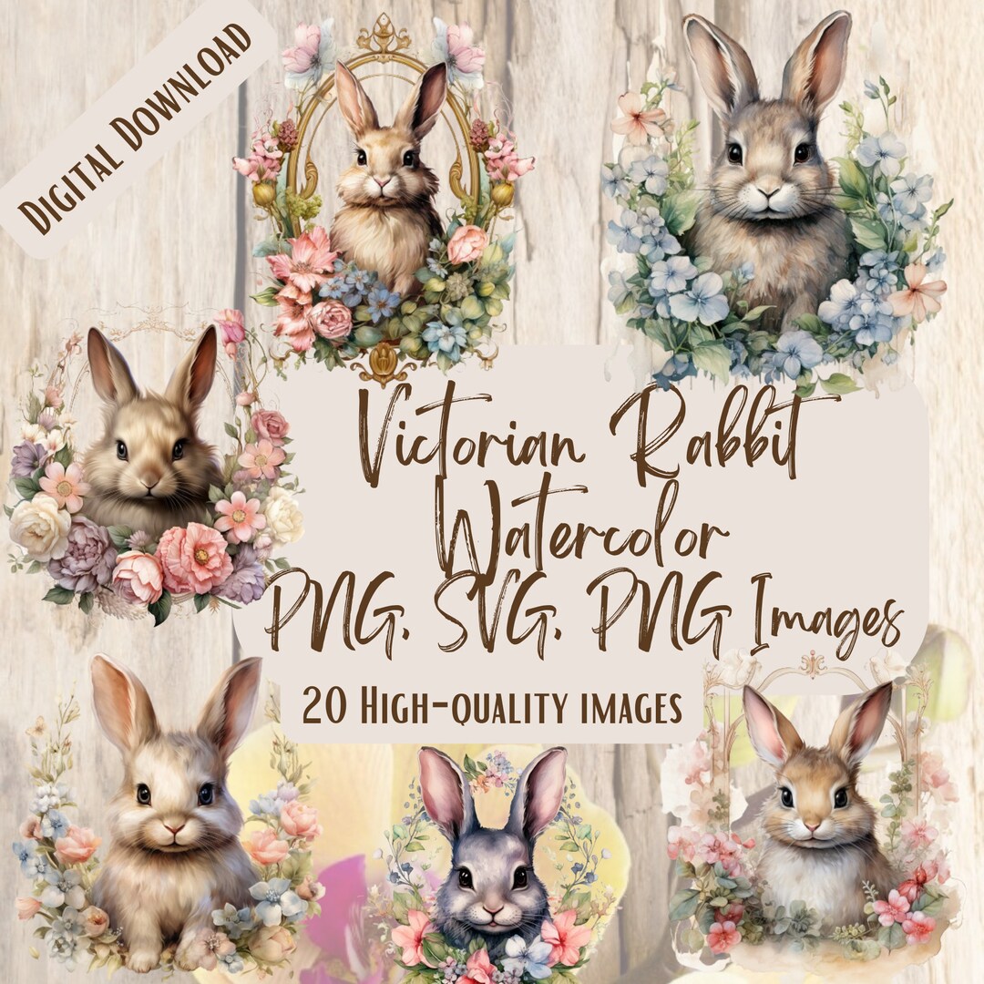 Victorian Rabbit Watercolor Clipart, 20 PNG SVG Bundle, Elegant Vintage ...