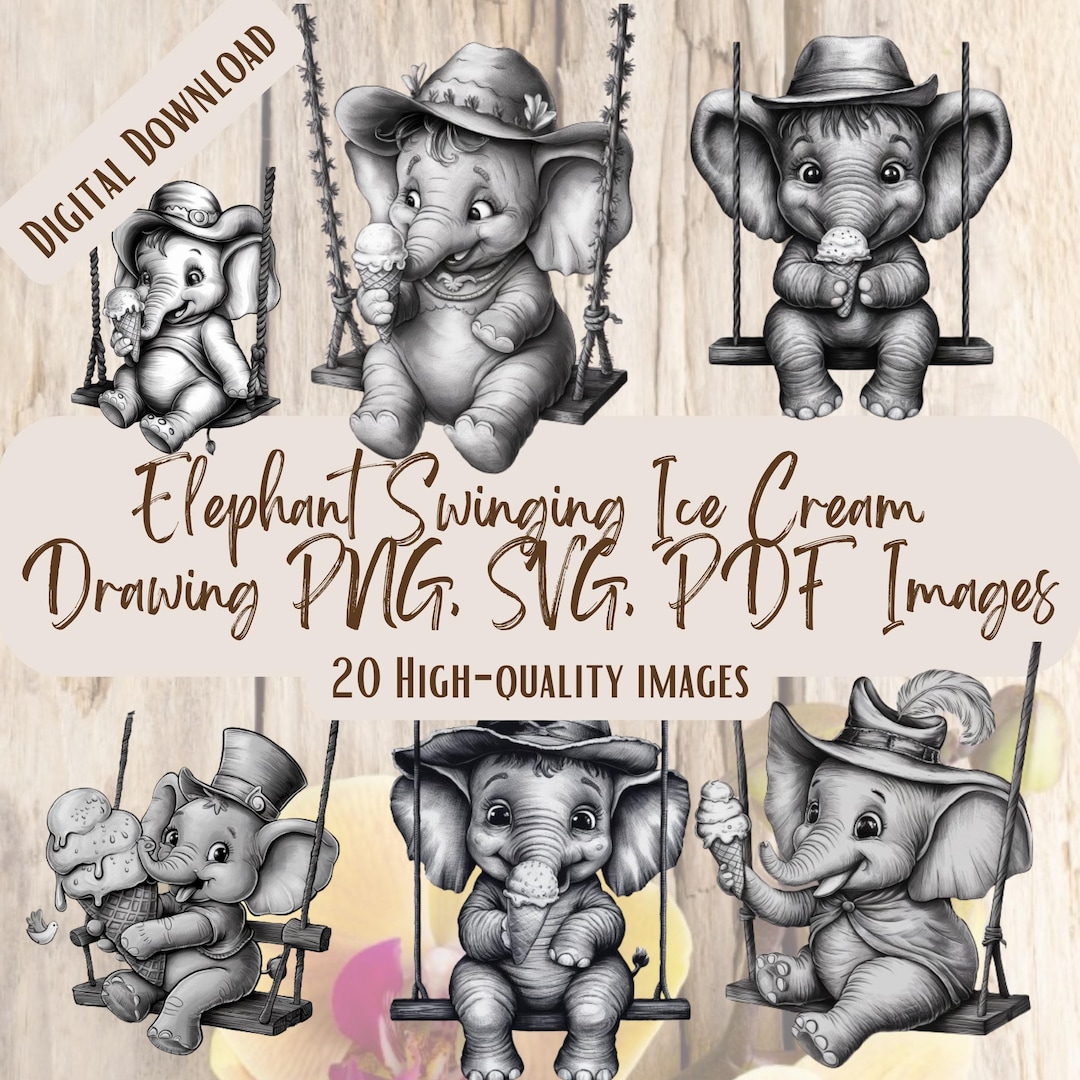Elephant Swinging Ice Cream PNG SVG Bundle 20 Images Digital Printable ...