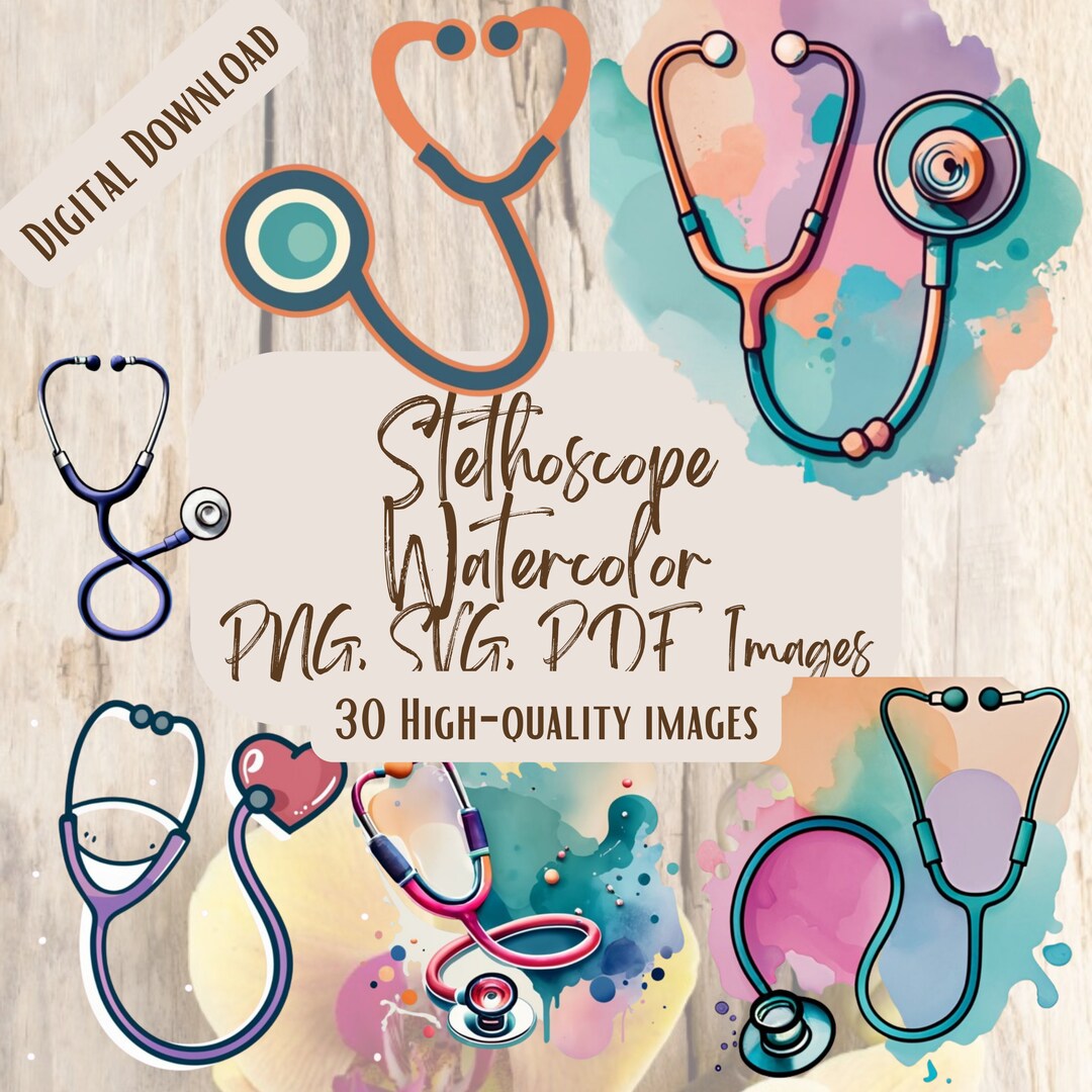 Stethoscope Watercolor PNG SVG Bundle 30 Images Digital Printable ...