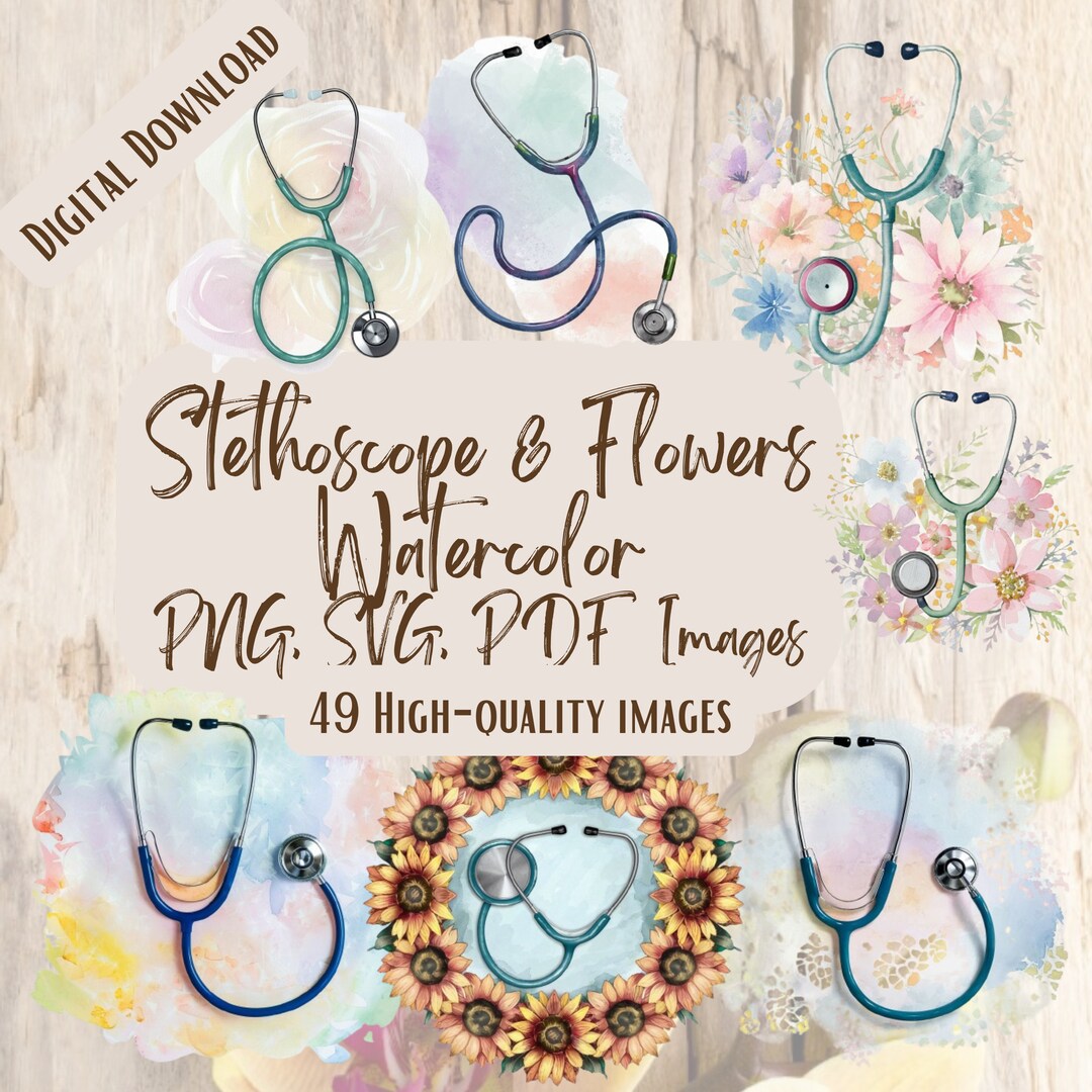 Stethoscope Flowers Watercolor PNG SVG Bundle, 49 Floral Medical ...