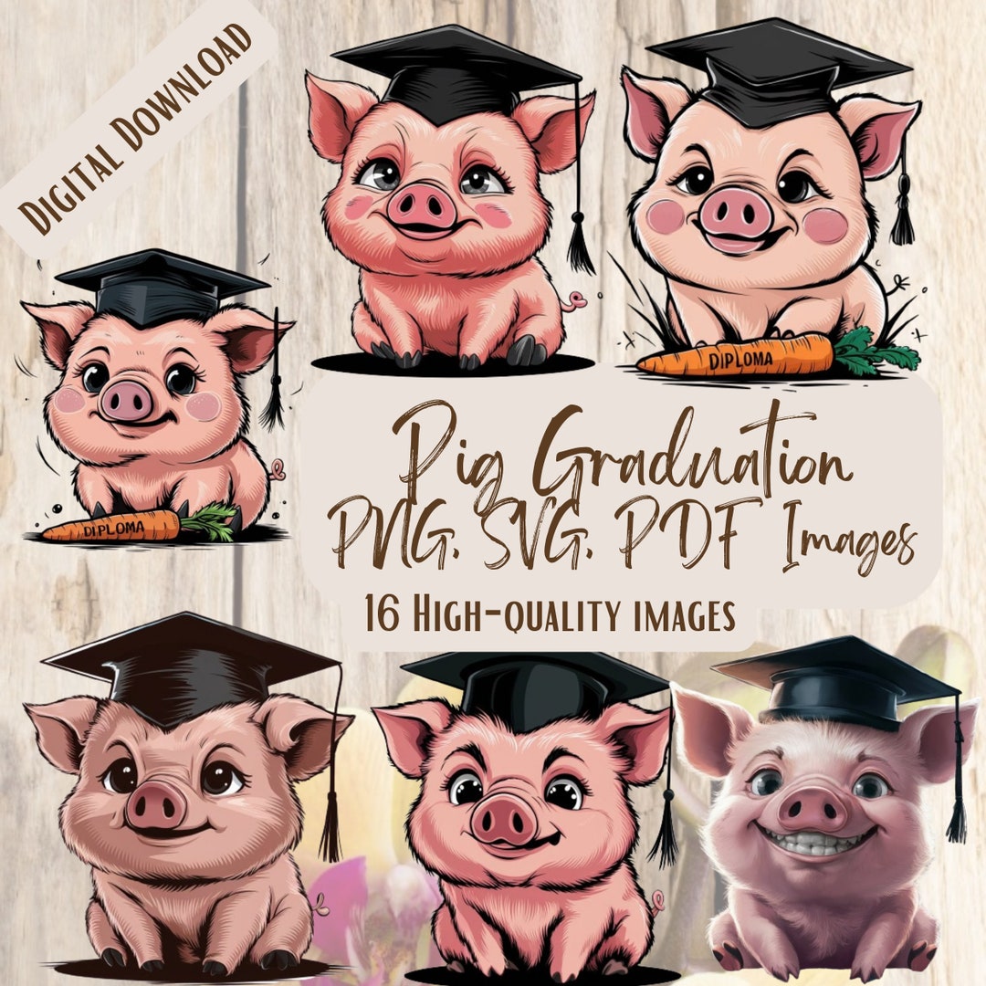 Pig Graduation PNG SVG Bundle, 16 Cute Watercolor Clipart Images for ...