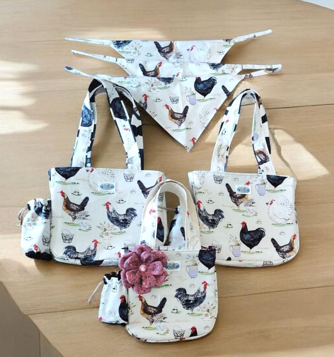Farmhouse Rooster Print Tote Bag Set, Customized Family Bags, Handmade ...