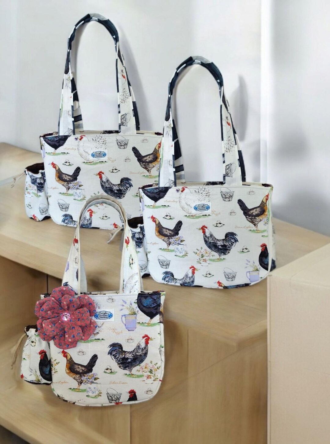Farmhouse Rooster Print Tote Bag Set, Customized Family Bags, Handmade ...