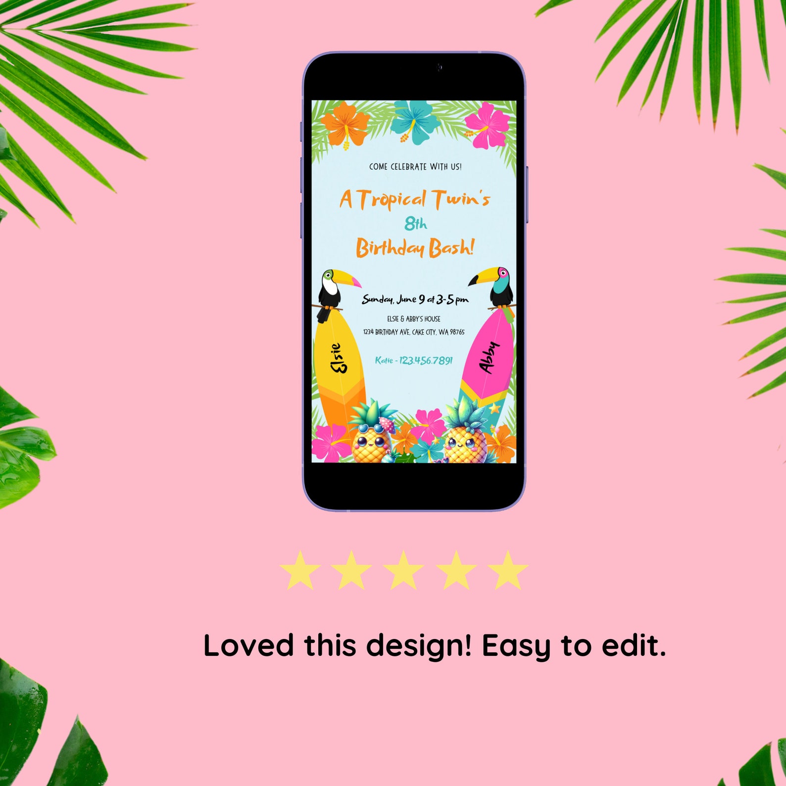 Editable Tropical Party Invitation Twin Birthday Party Invitation Luau ...
