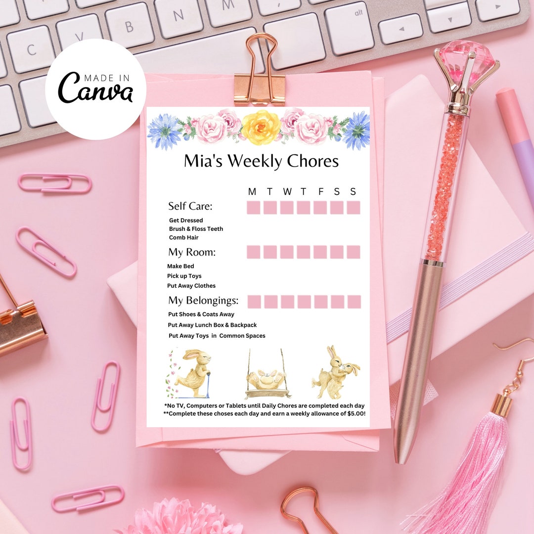 Editable Kids Chore Chart Girls Four Seasons Allowance Rewards ...