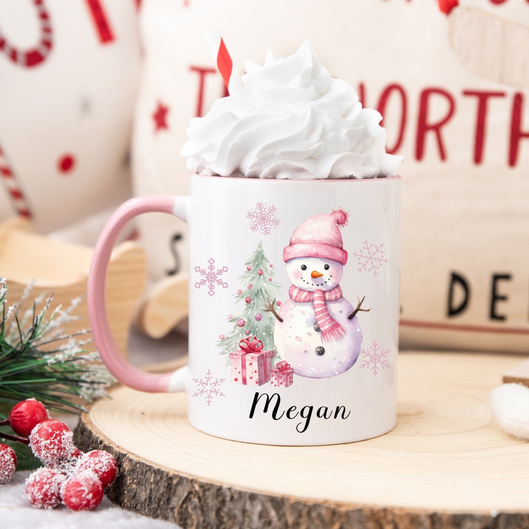 Personalized Pink Snowman Christmas Custom Name Mug Kids Hot Chocolate ...