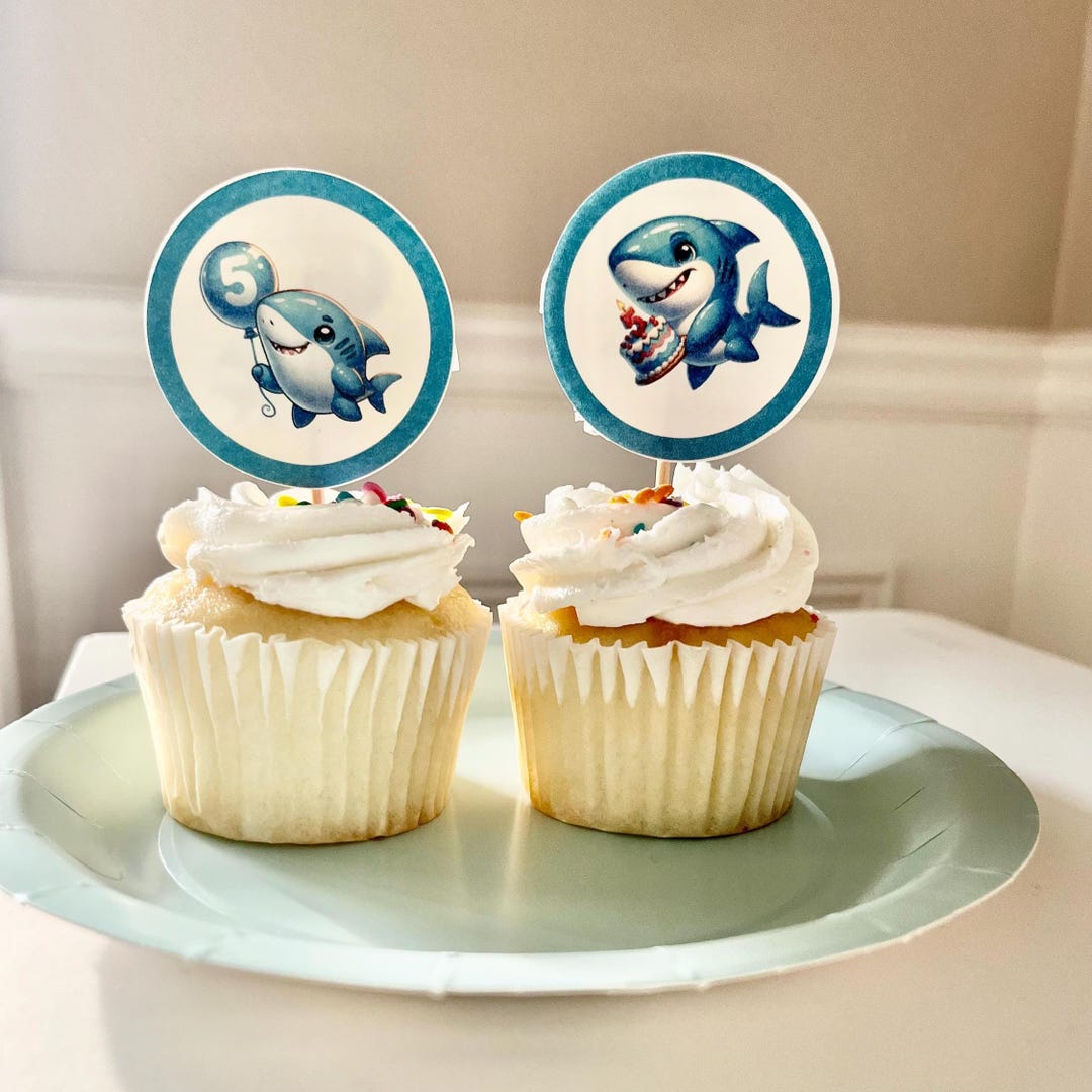 Shark Cupcake Toppers Printable 5th Birthday Shark Party DIY Cupcake ...
