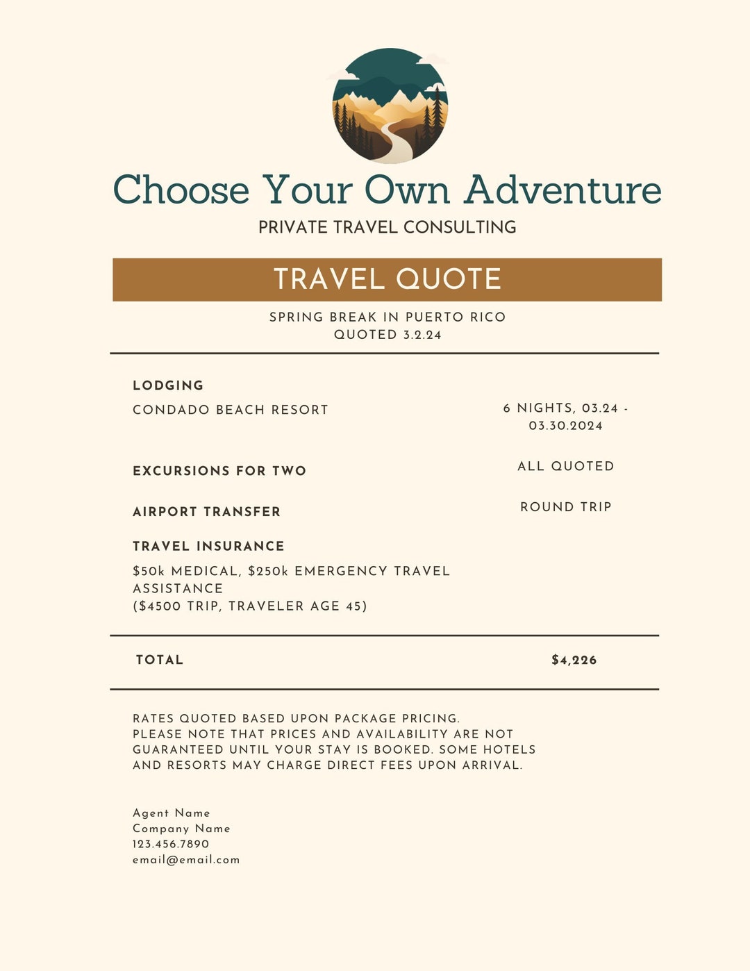 Travel Agent Proposal and Quote Template - Printable, Editable in Canva ...