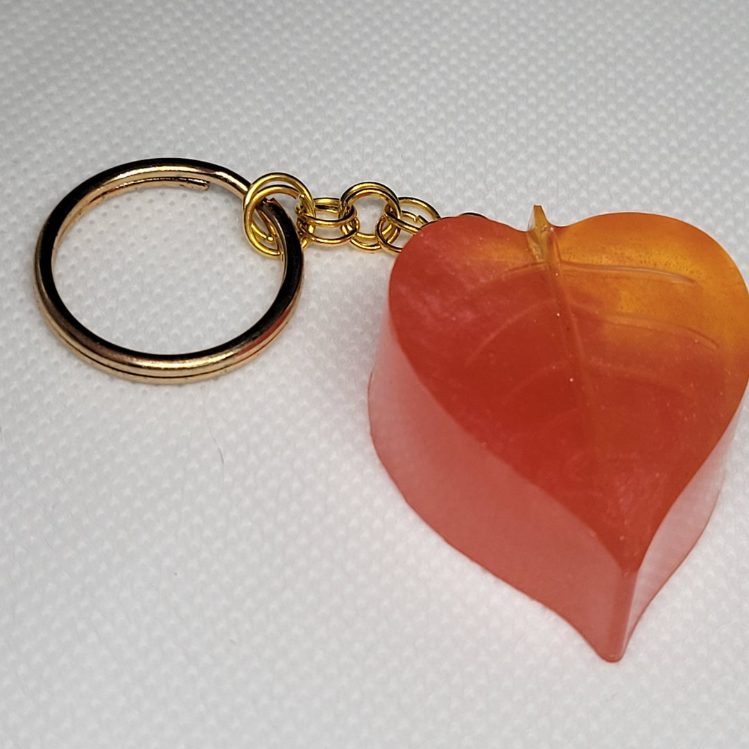 Red and Orange Resin Leaf Keychain With Gold Chain - Etsy
