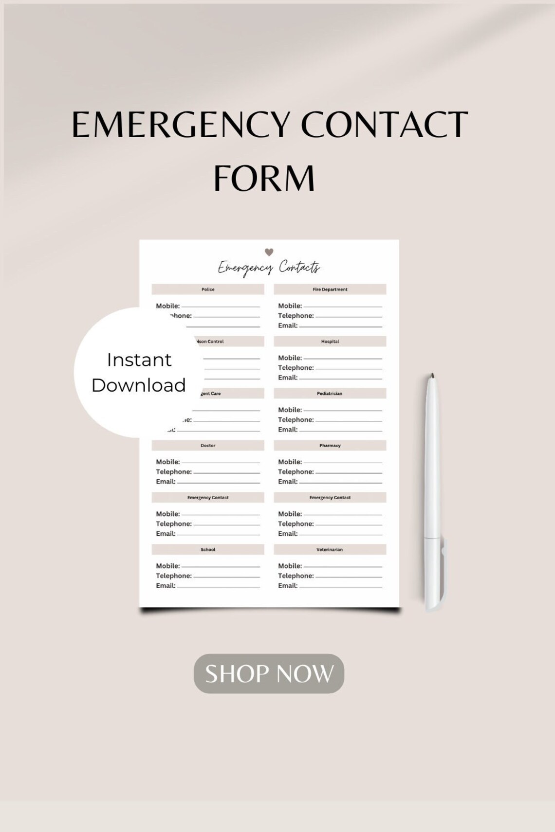 Printable Emergency Contact Form, Download From Canva, Family ...