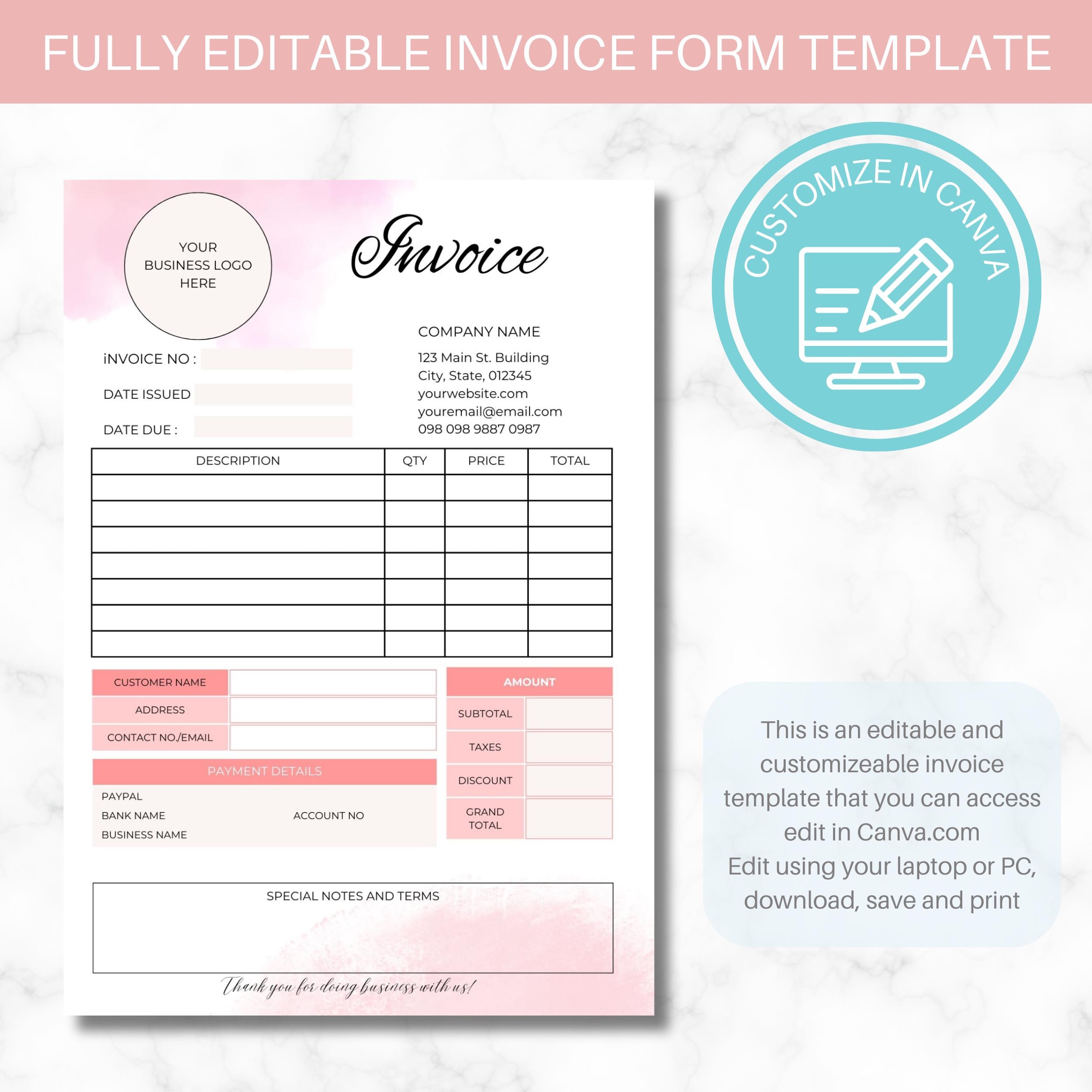 Invoice Template Editable| Pink Business Invoice Template |business ...
