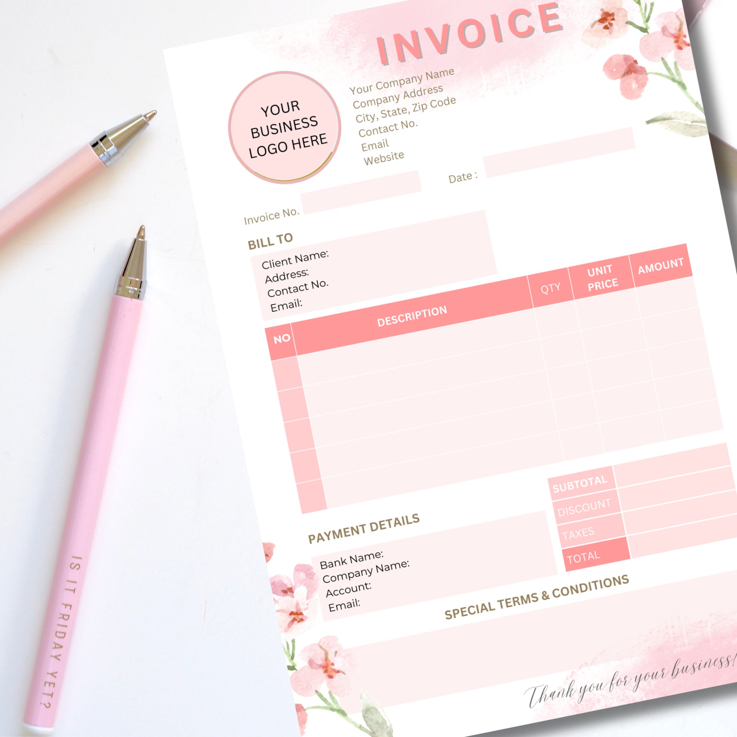 Invoice Template Editable| Modern Feminine Business Invoice Template ...