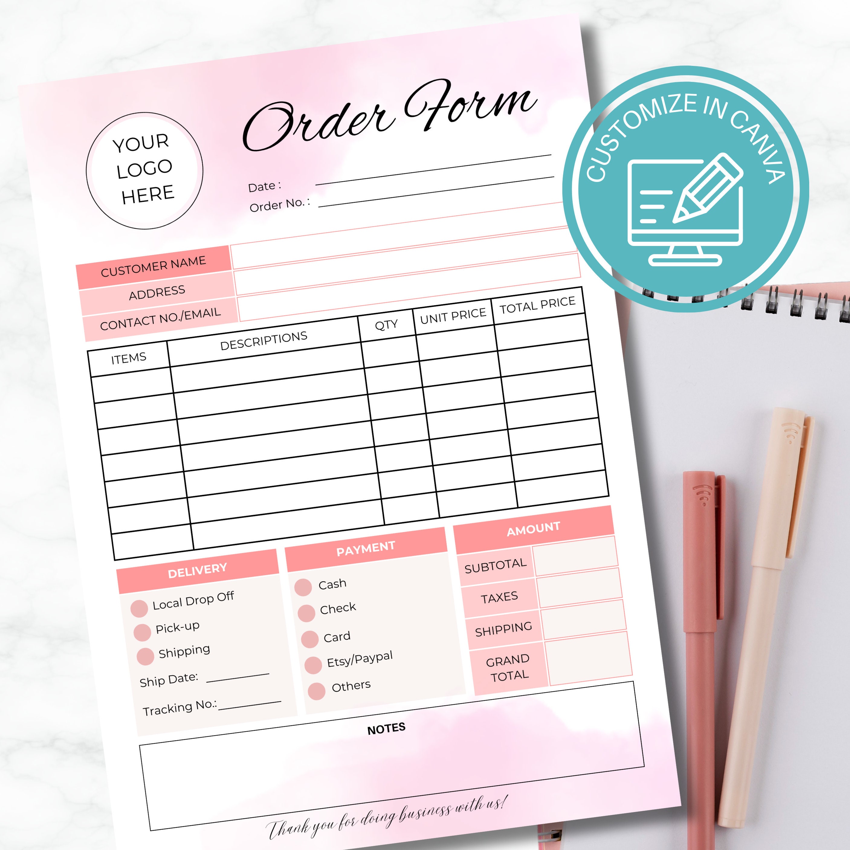 Order Form Editable in Canva Etsy Shop Order Form Small Business Forms ...