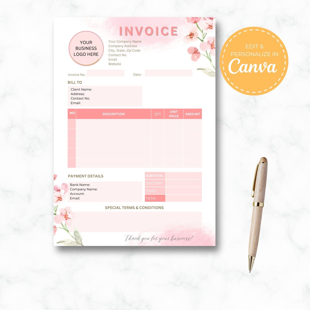 Invoice Template Editable| Modern Feminine Business Invoice Template ...
