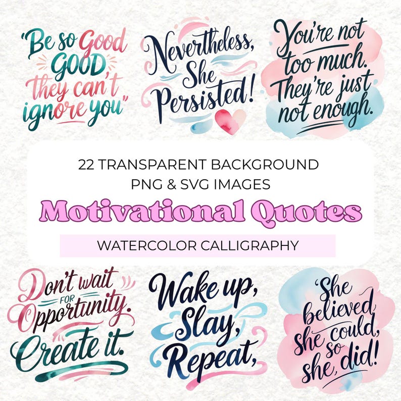 Watercolor Motivational Quotes Clipart Bundle: PNG SVG Files (digital ...