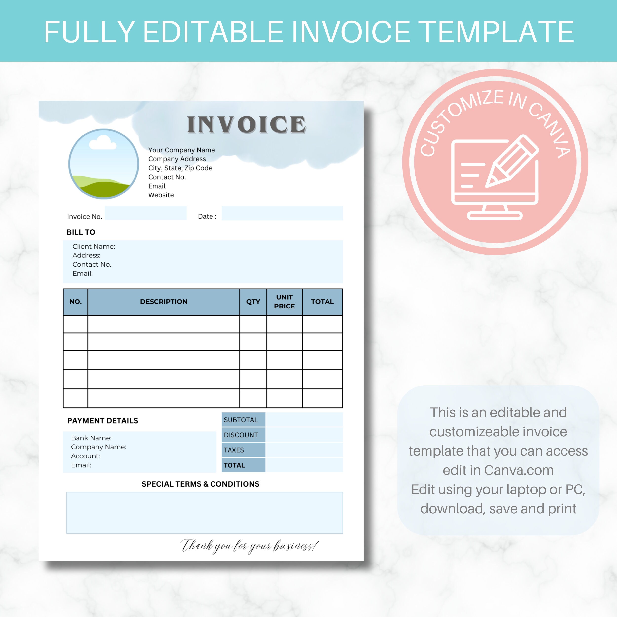 Invoice Template Editable| Modern Feminine Business Invoice Template ...