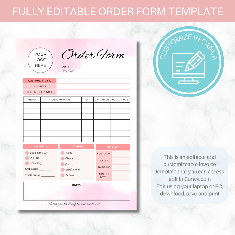 Editable Business Order Form Template: Canva Design (PDF) - Etsy