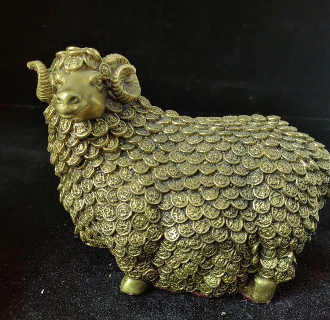 Copper Sculpture Collectable Lucky Sheep Table Decor Animal Figurine ...