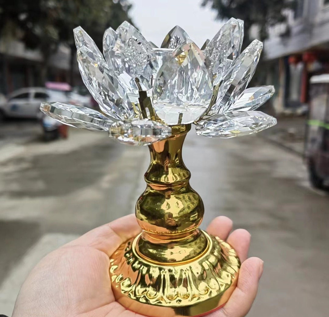 Glass Crystal Lotus Lamp Table Candlestick Buddha Ghee Candle Lamp ...