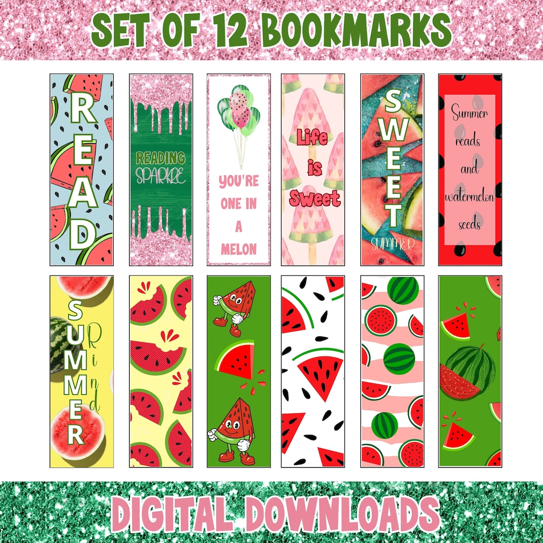 Set of 12 Summer Bookmarks Watermelon Bookmarks Digital - Etsy