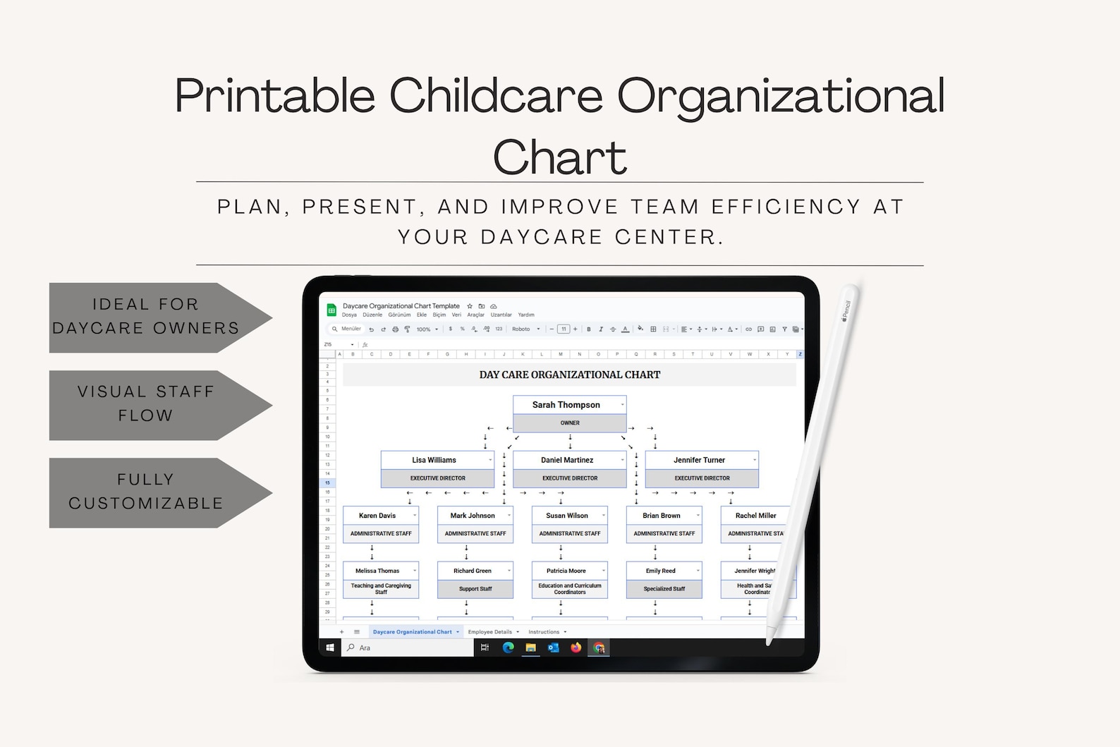 Editable Daycare Organizational Chart Template – Google Sheets Staff ...