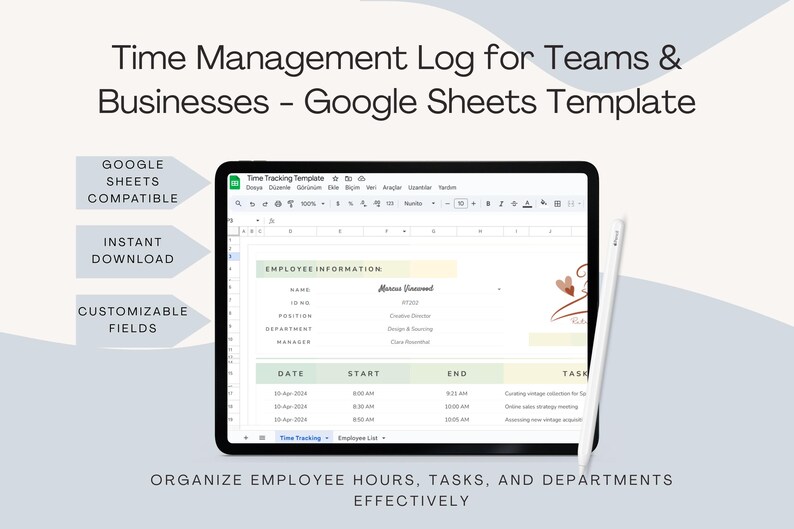 Employee Time Tracking Google Sheets Template | Staff Work Log & Hours ...