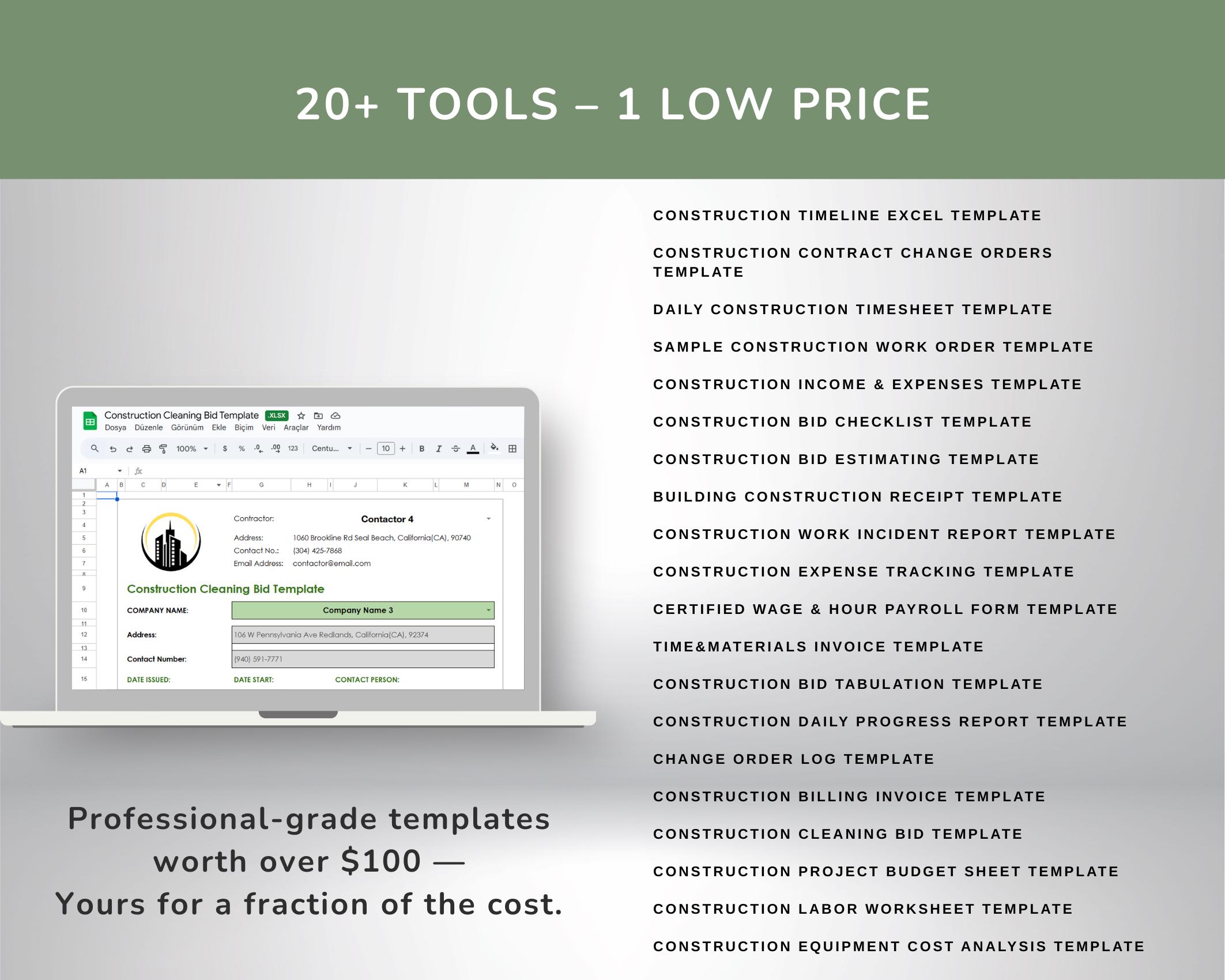 Ultimate Construction Business Excel Template Bundle | 20+ Contractor ...
