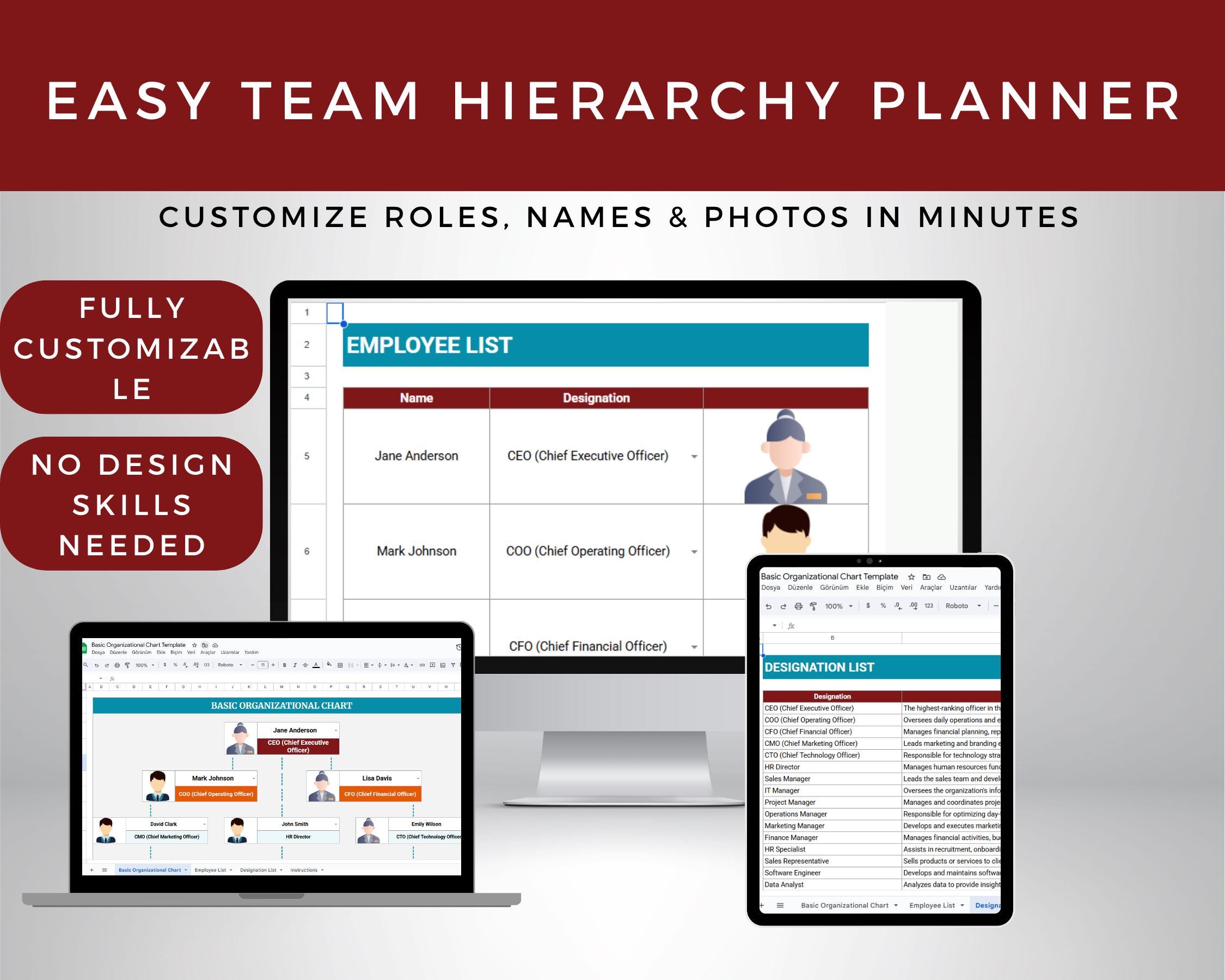 Organizational Chart Google Sheets | Editable Org Chart Template | Team ...