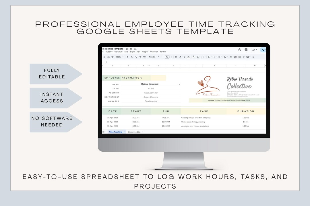 Employee Time Tracking Google Sheets Template | Staff Work Log & Hours ...