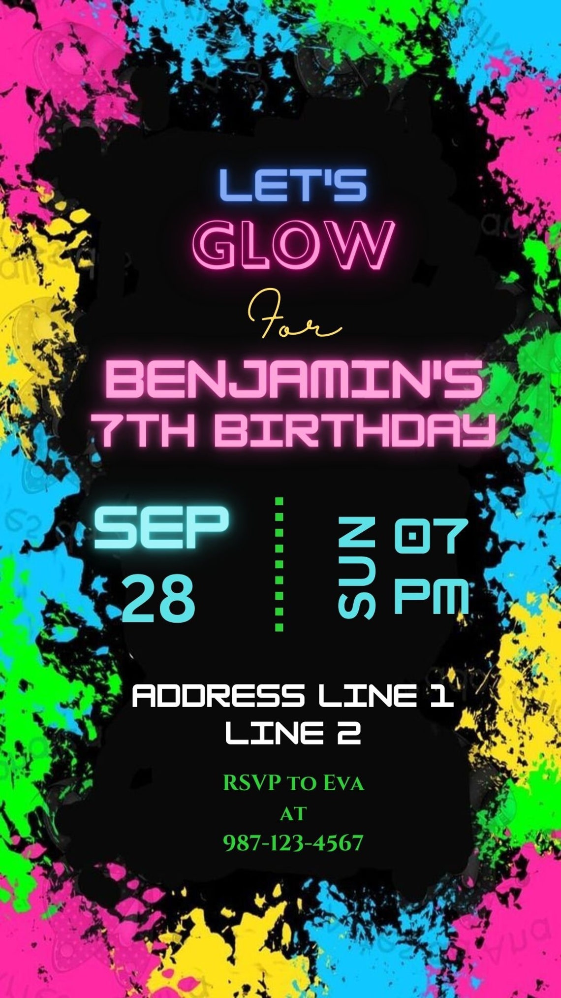 Neon Light Birthday Invitation Card, Editable Glow Party Birthday ...