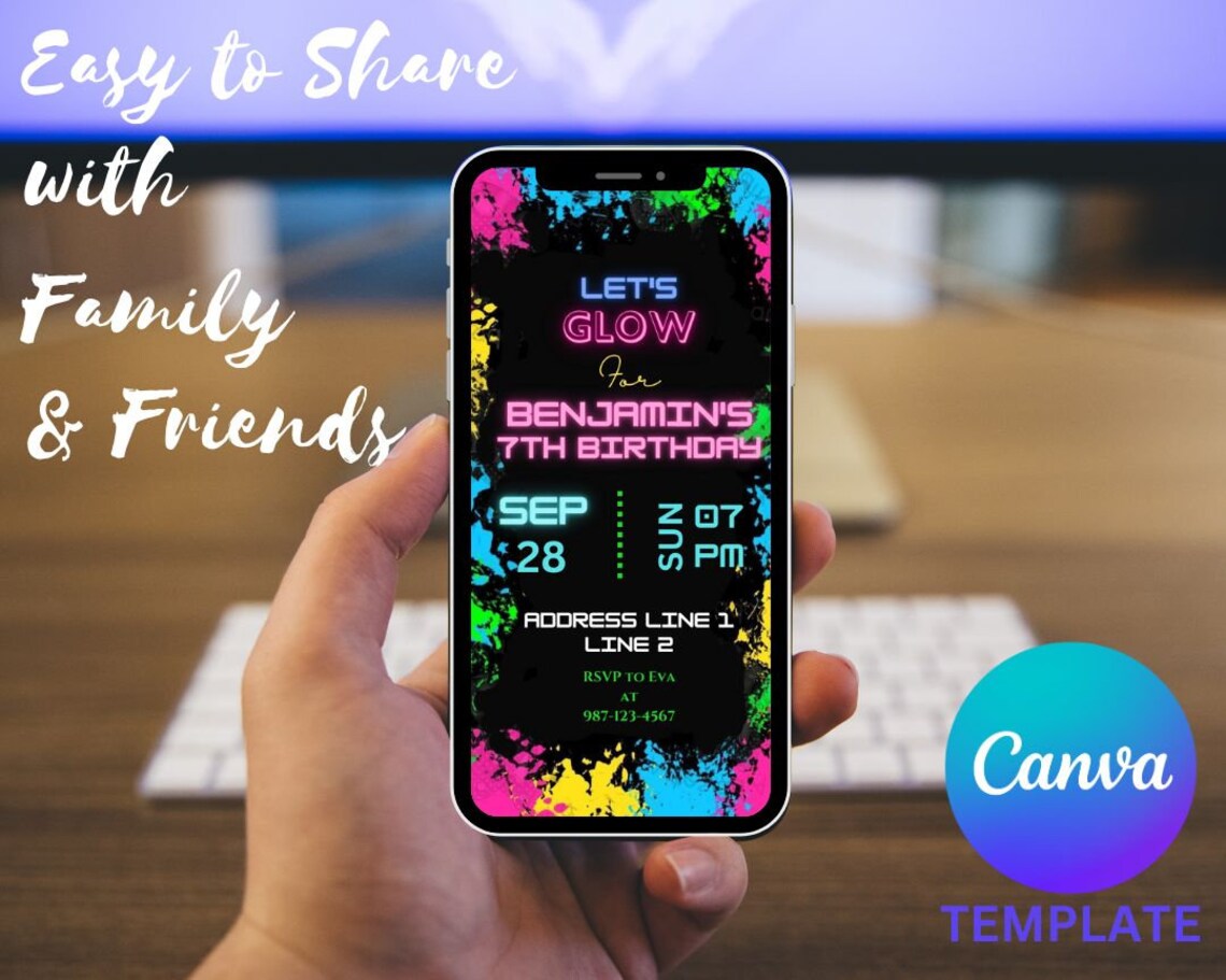 Neon Light Birthday Invitation Card, Editable Glow Party Birthday ...