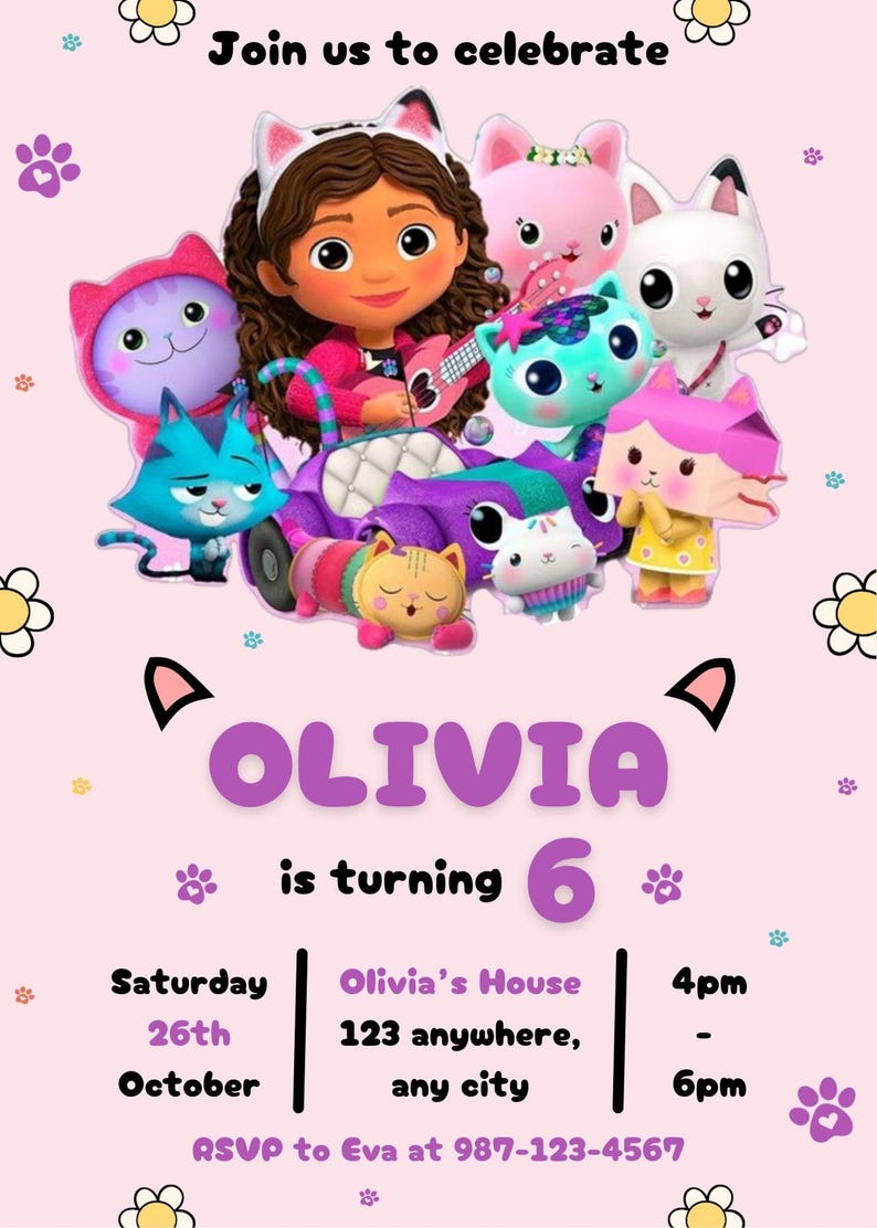 Editable Gabbys Dollhouse Birthday Invitation, Digital Gabby Dollhouse ...