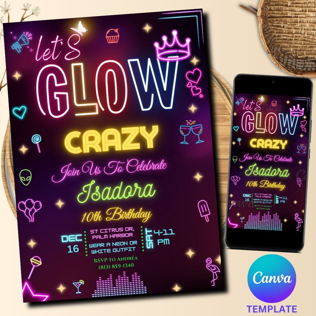 Lets Glow Crazy Birthday Invitation, Neon Light Birthday Invitation ...