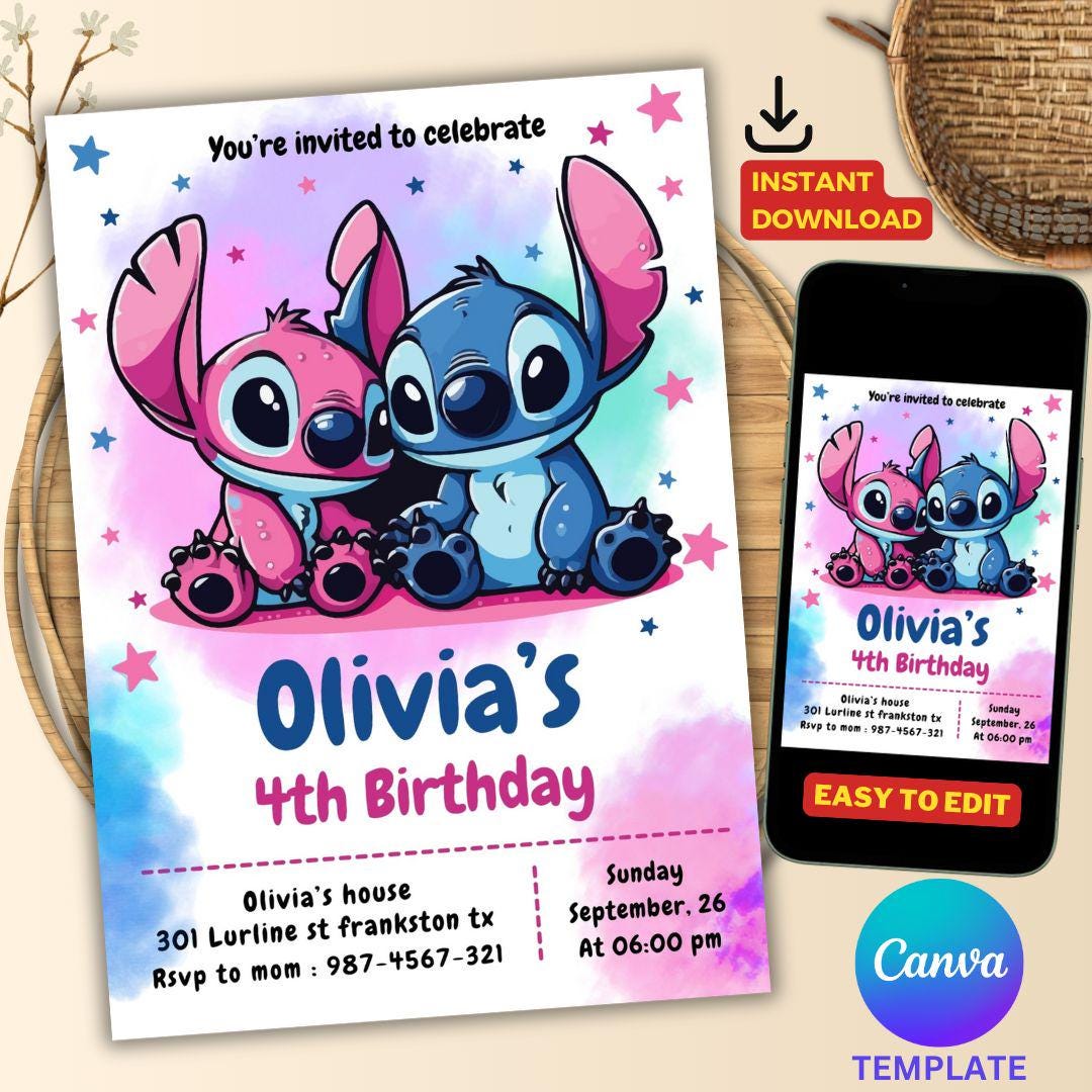 Editable Stitch Birthday Invitation Template, Printable Birthday Party ...