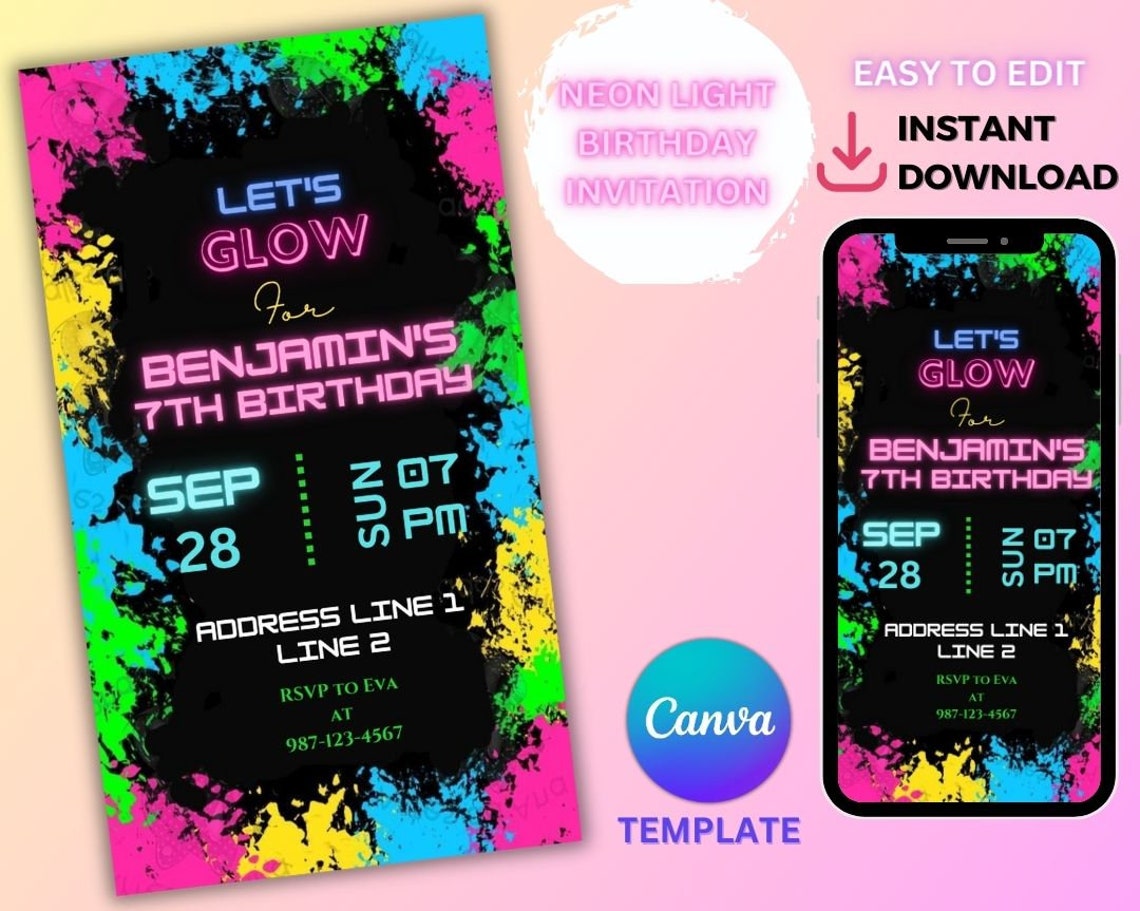 Neon Light Birthday Invitation Card, Editable Glow Party Birthday ...