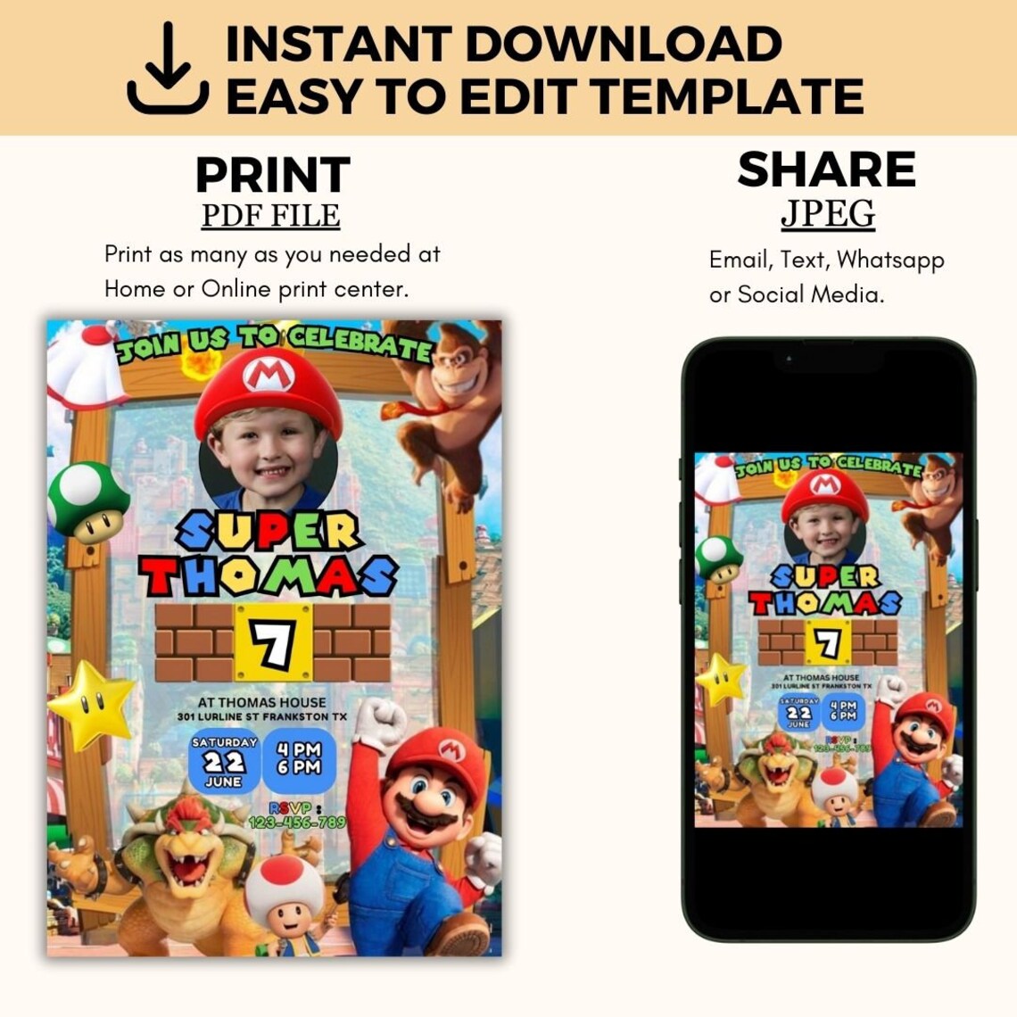 Super Mario Birthday Invitation, Mario Bros Birthday Invitation, Mario ...