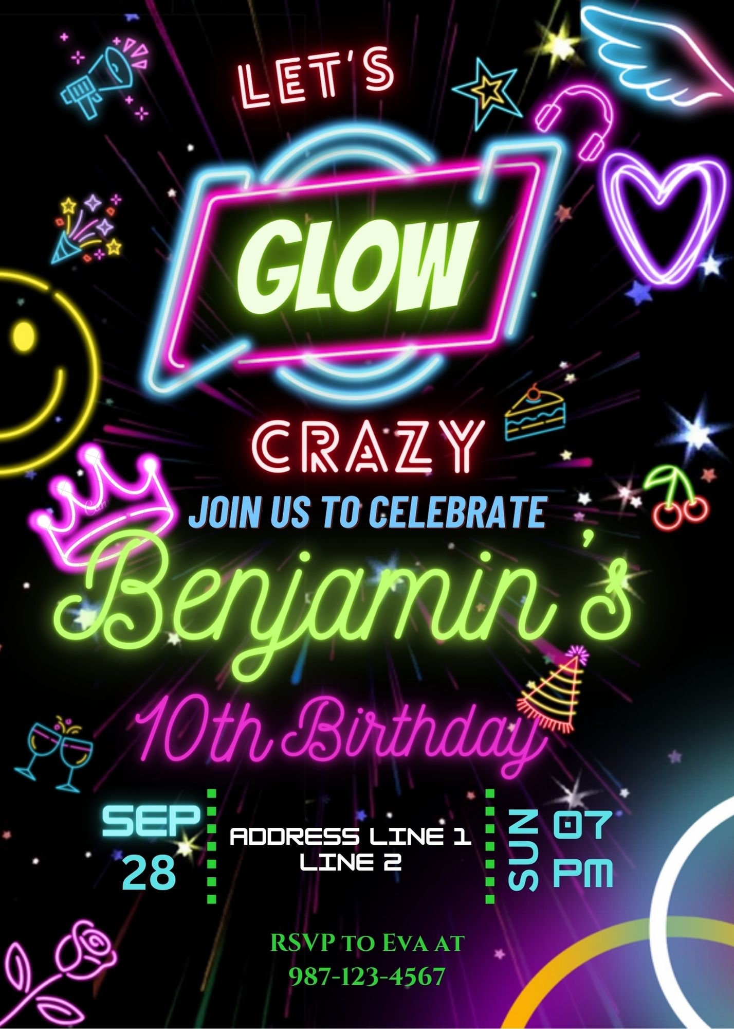 Editable Glow Party Birthday Invitation, Neon Light Birthday Invite ...