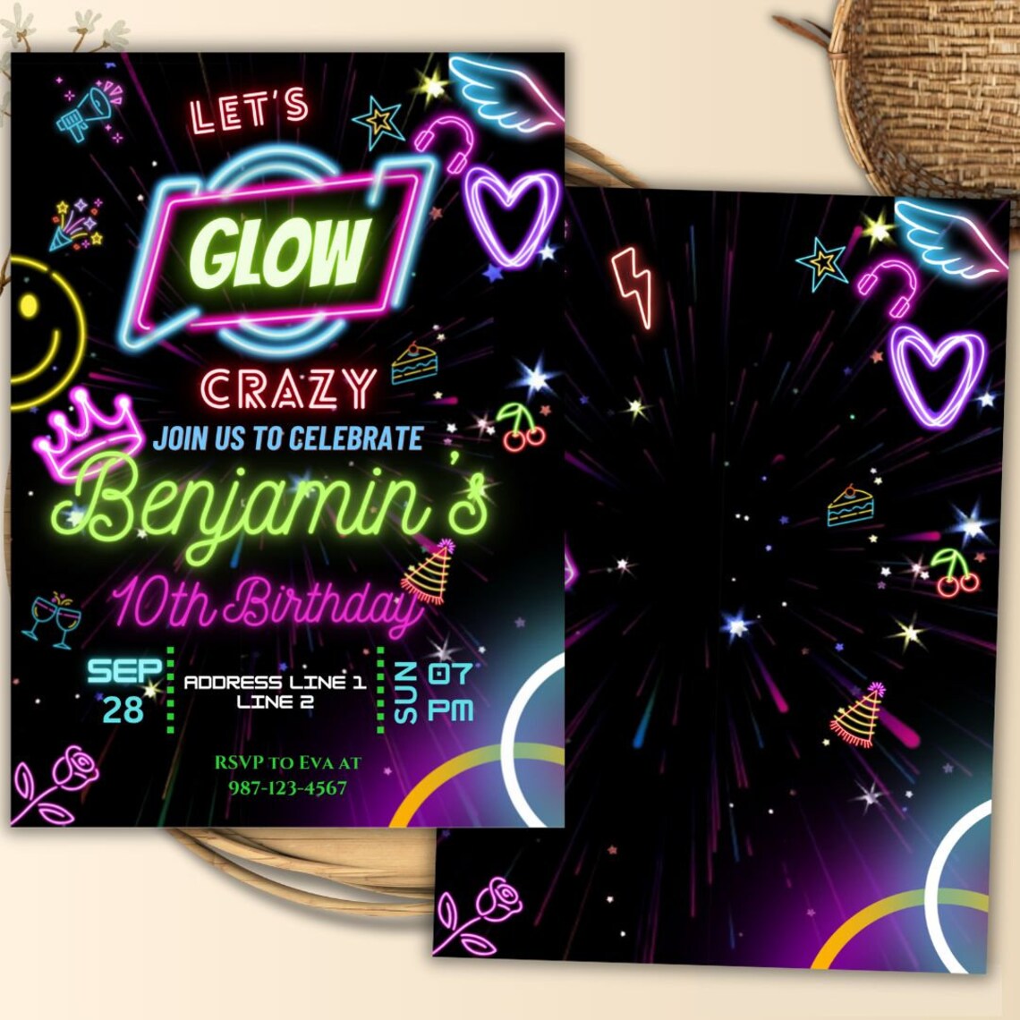 Editable Glow Party Birthday Invitation, Neon Light Birthday Invite ...