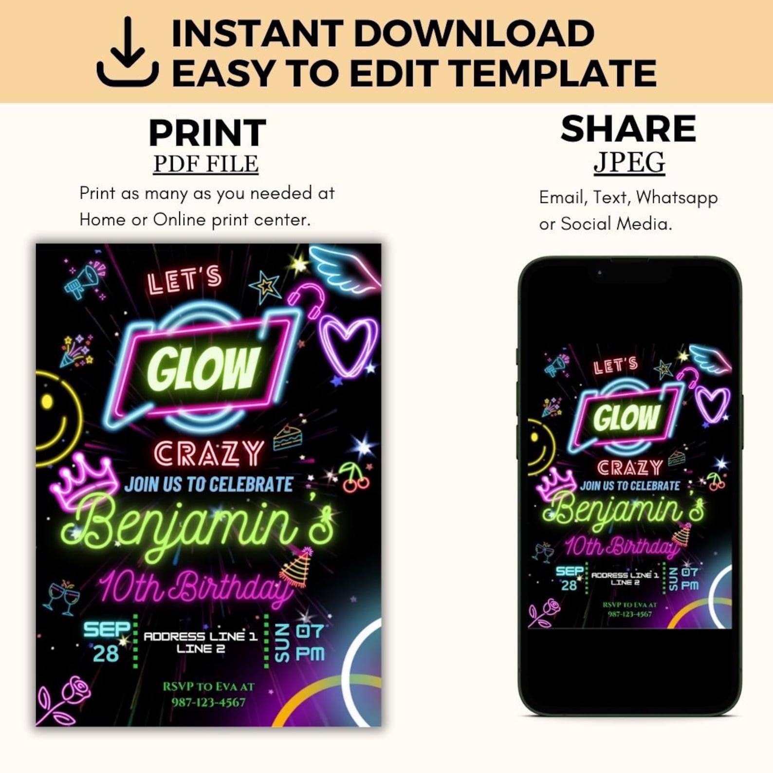 Editable Glow Party Birthday Invitation, Neon Light Birthday Invite ...