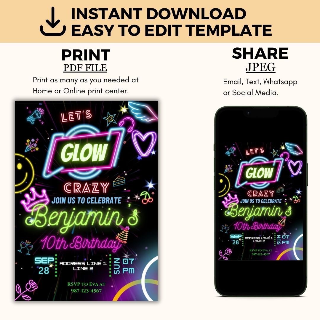 Editable Glow Party Birthday Invitation, Neon Light Birthday Invite ...