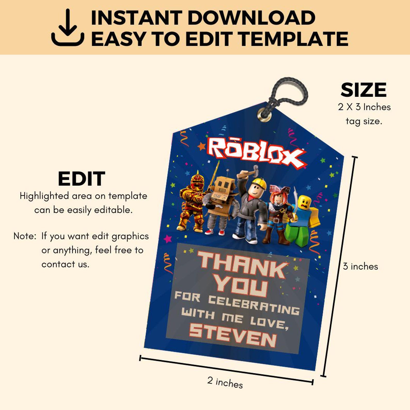 Roblox Party Favor Label Roblox Printable, Roblox Thank You Tag, Roblox ...