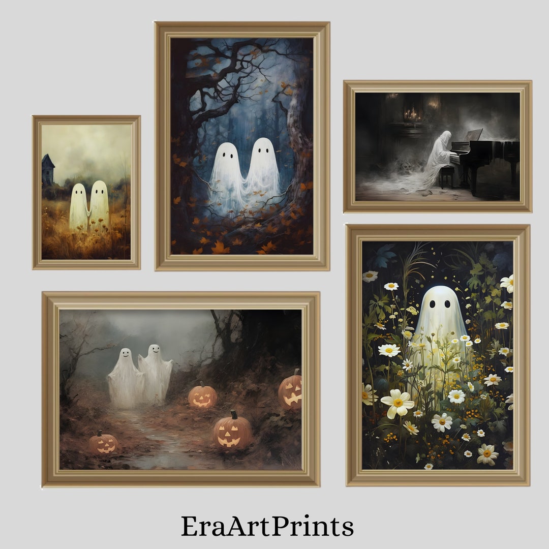 Cute Ghosts in Vintage Landscapes Gallery Wall Art, Set of Cute Ghost Paintings, Printable ...