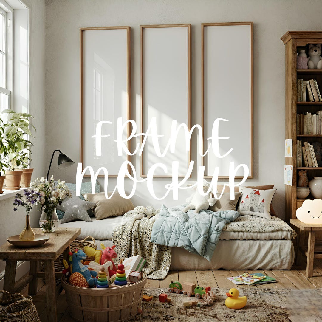 Boho Interior 1x3 Super Vertical Three Frame Mockup, Room Interior ...