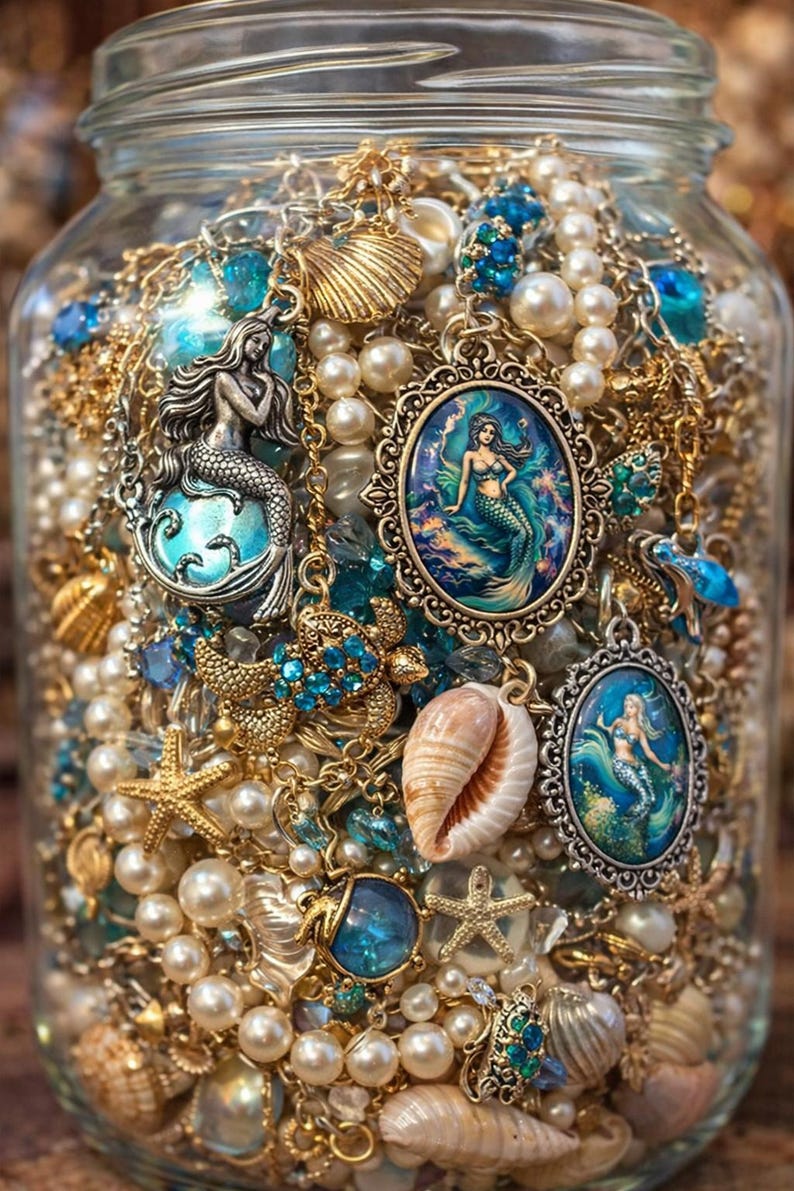 Mermaid Jewelry Jar, Ocean Themed Jewelry Set, Seashell & Pearl ...