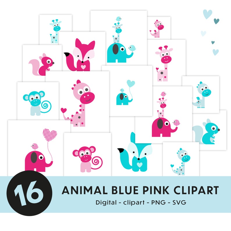 16x Clip Art Animals Blue Pink , PNG, SVG, Clipart, Instant Download - Etsy
