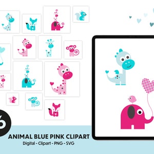 16x Clip Art Animals Blue Pink , PNG, SVG, Clipart, Instant Download - Etsy